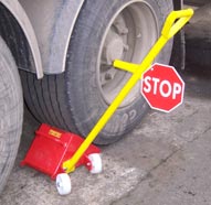 Steel wheel chock LACC001 with lever, castors and stop sign